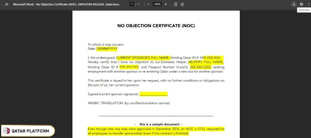 Sample NOC Letter from Sponsor Qatar